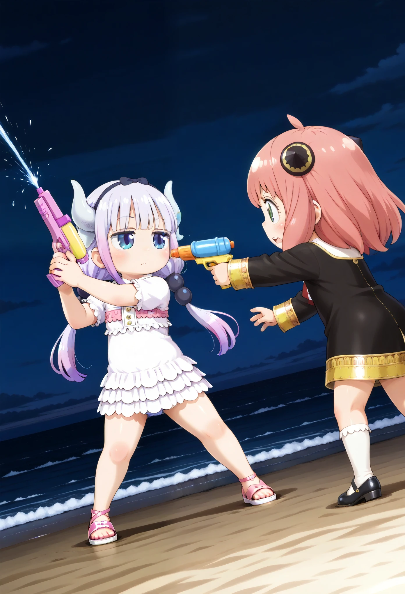 2girls, anya (spy x family), kanna kamui, official costume, weapon ...
