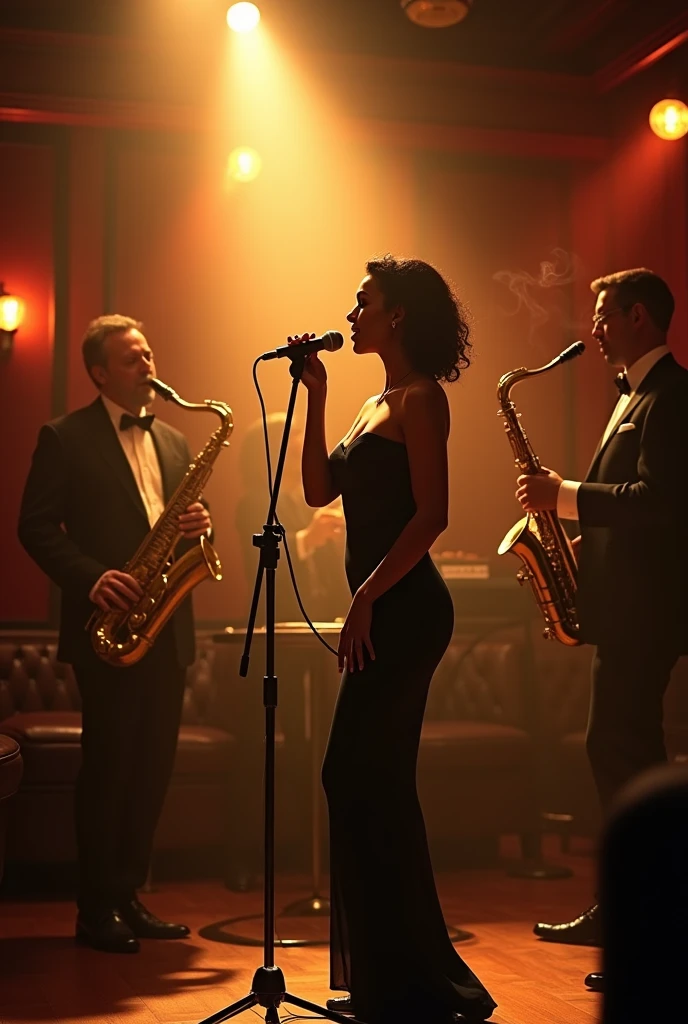 Dive into a lit-up building window, showing an intimate jazz club with ...