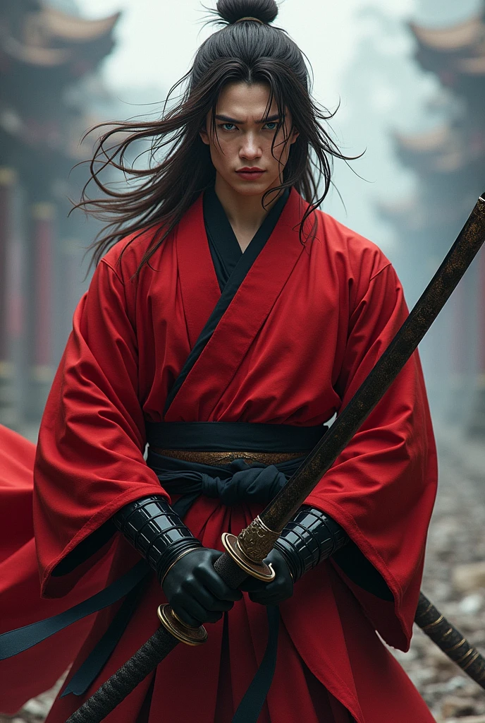 a samurai wearing a blood-red hakama outfit. armed with a reverse eye ...