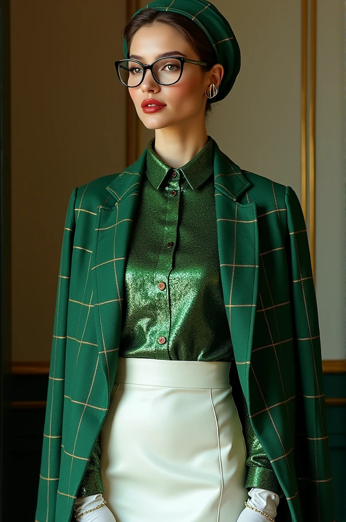 A beautiful women wearing retro spectacle standing on front view with ...