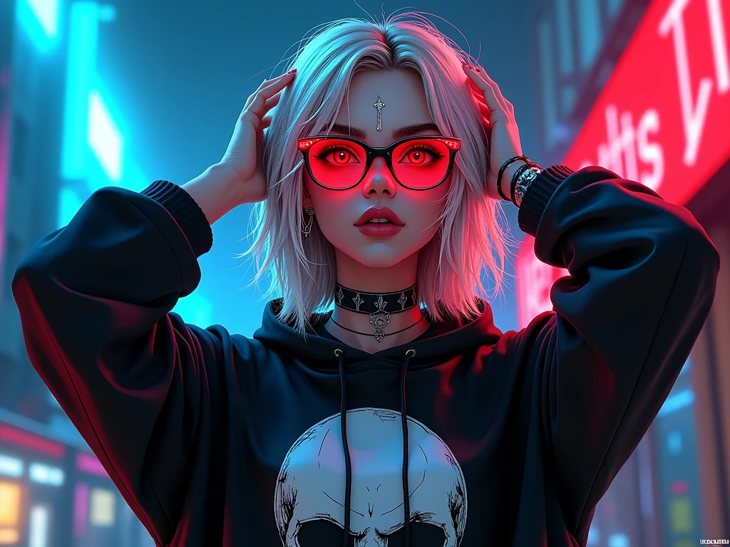 Create a hyper-realistic digital illustration of a cyberpunk female ...