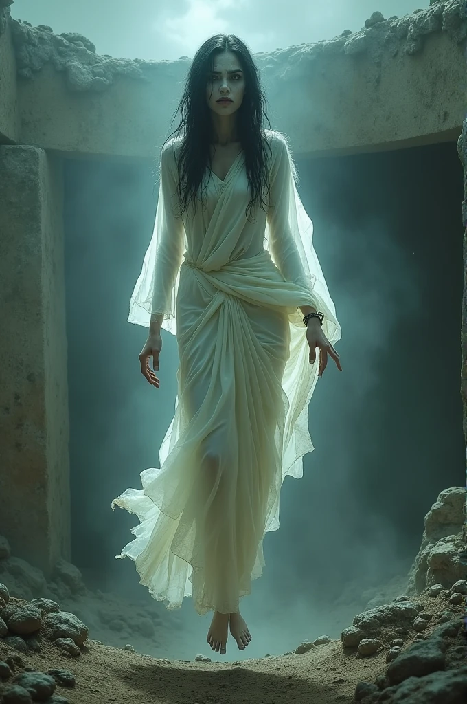 A translucent, ghostly figure of a woman appears near the well - SeaArt AI