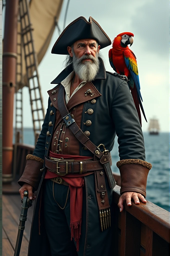 A fairly strong pirate crew commander who has a parrot - SeaArt AI