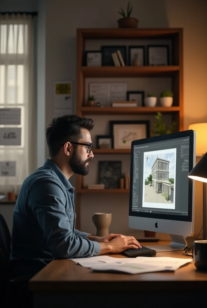 A structural engineer working in his pc in his workspace. Workspace is ...