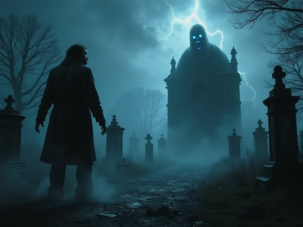Gravedigger in a Gothic cemetery at night, looking at a ghostly ...