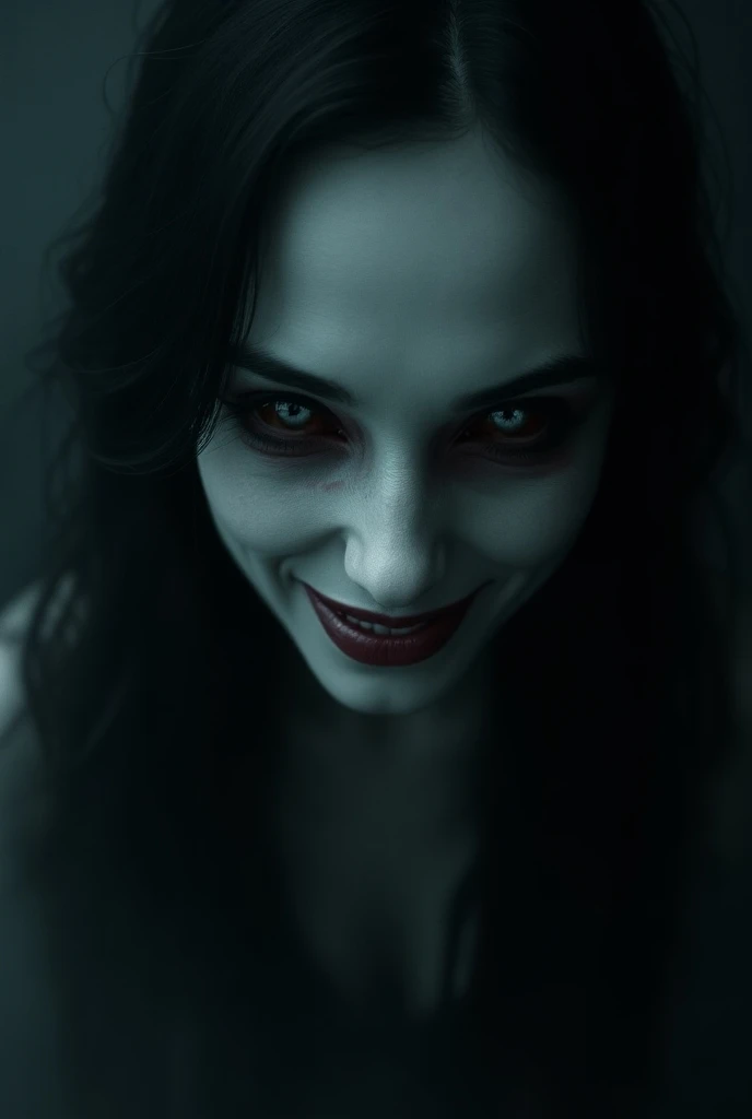 A close-up of a ghostly woman’s face with hollow, black eyes - SeaArt AI
