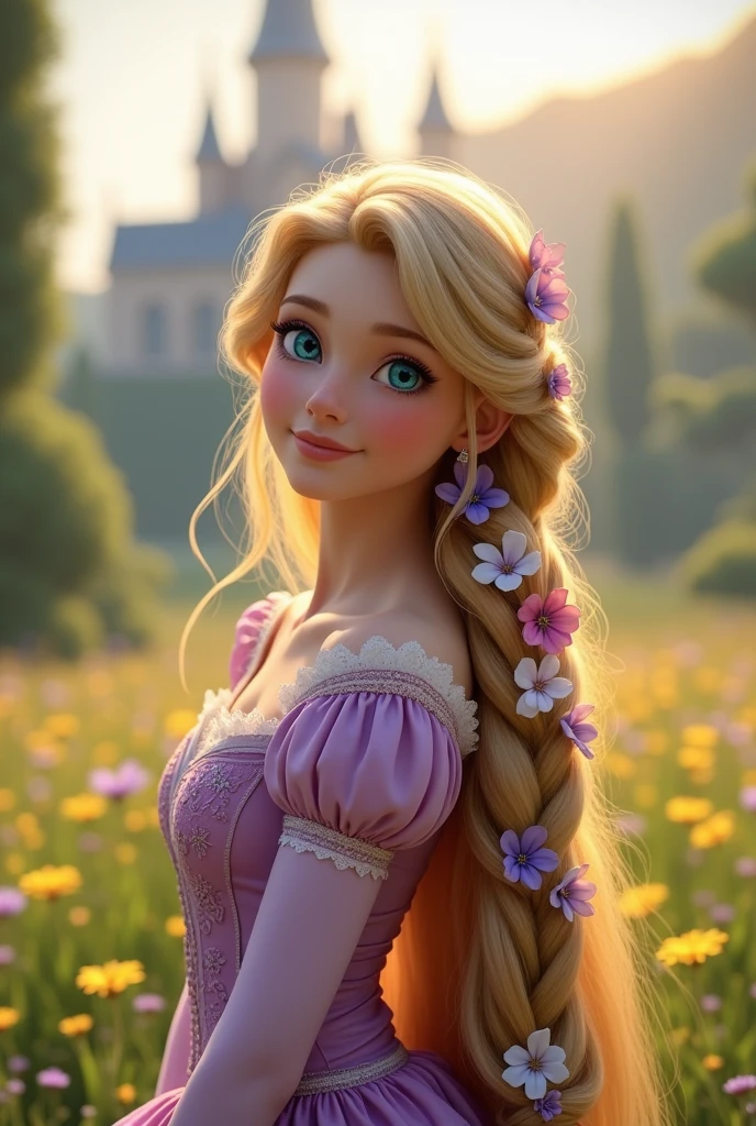 Rapunzel stands in the lush meadows, bathed in the warm light of a ...