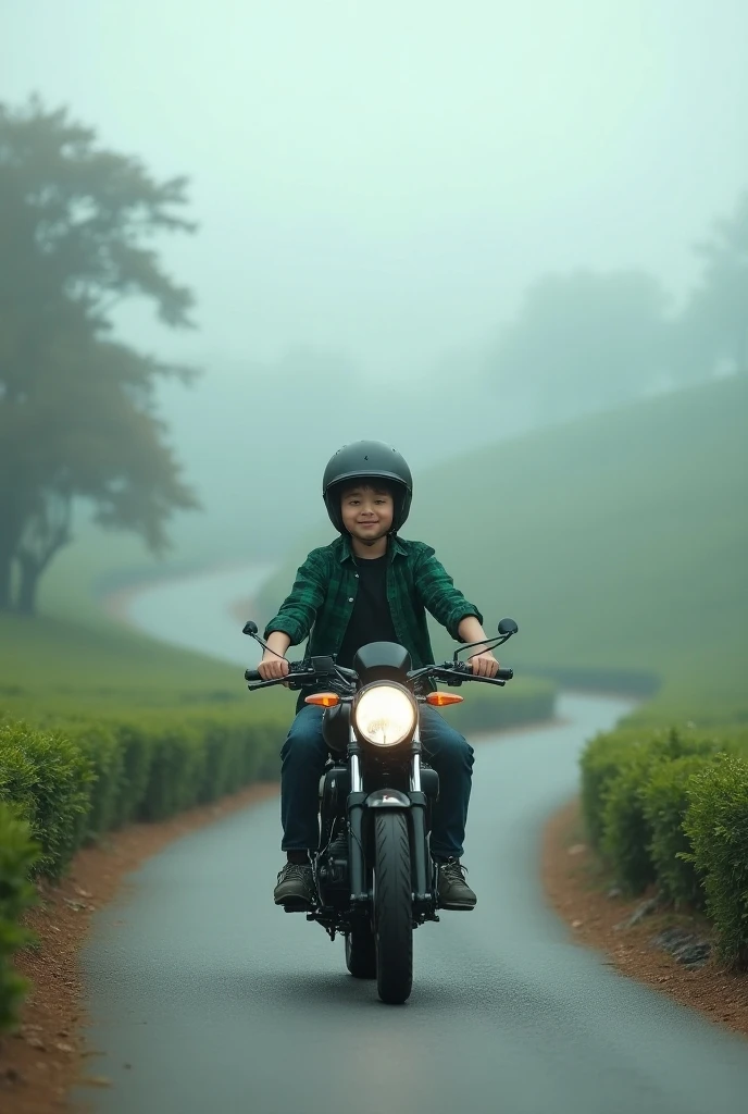 Fogie winter road with tea garden in side a boy riding pulsar bike ...