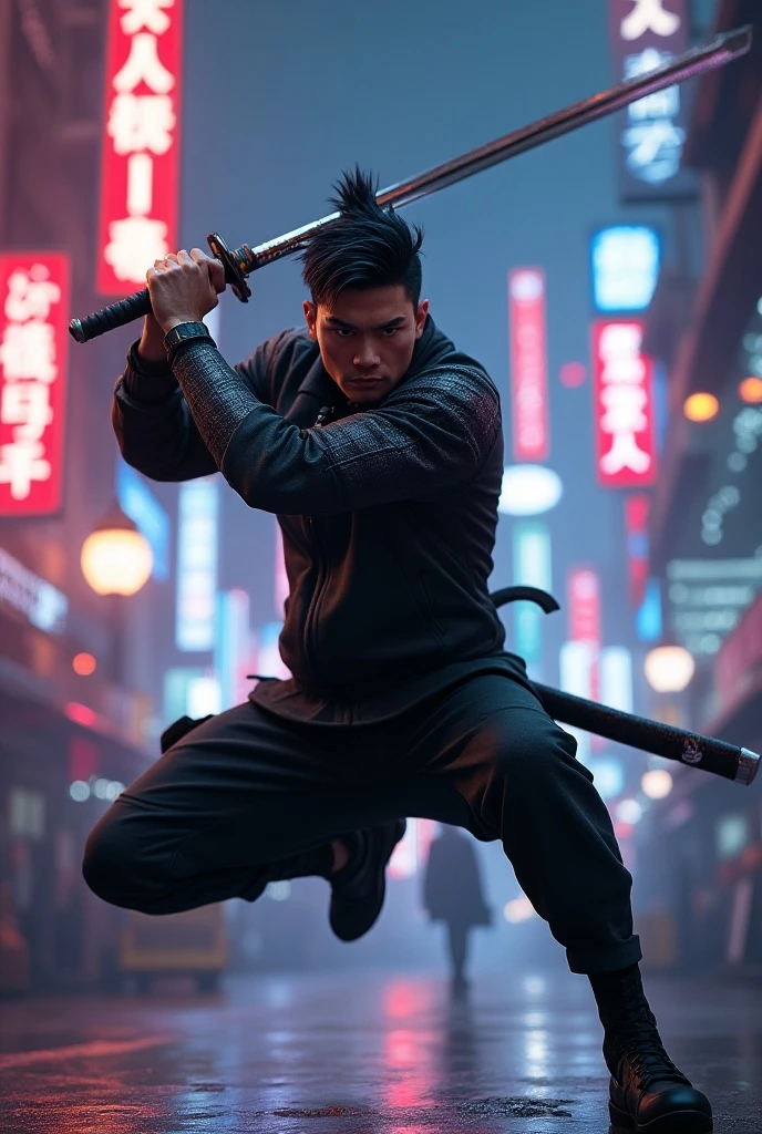An asian man jumping like CYBERPUNK holding a samurai sword while ...