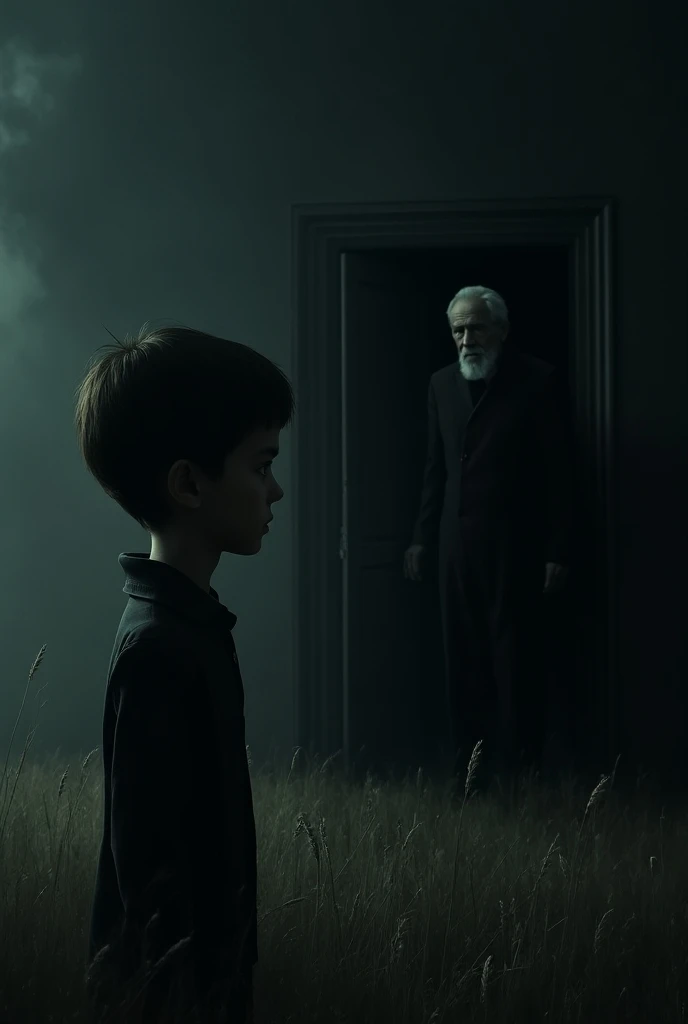 A boy standing in a field, an old man in a dark room, a mysterious ...