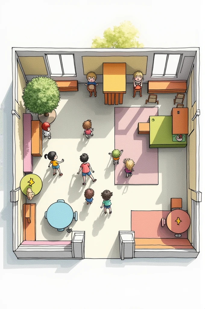 Create a drawing of a plan design of the indoor area of a kindergarten ...