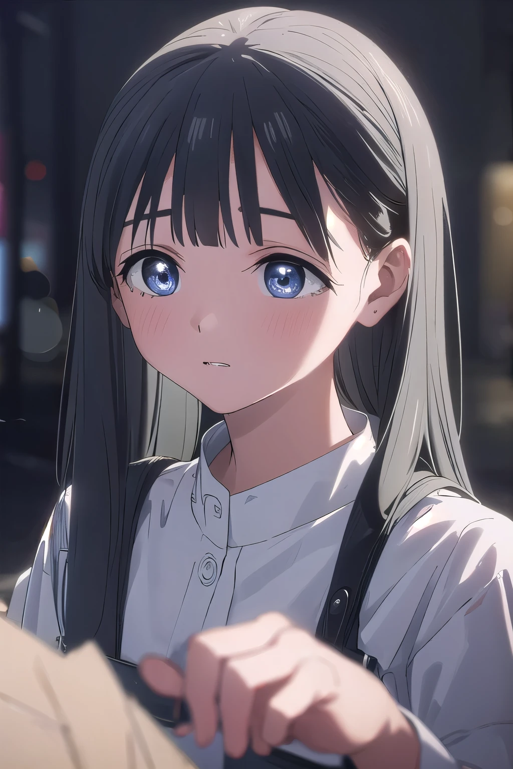 A sad young girl in a dark street at night, begging for money - SeaArt AI