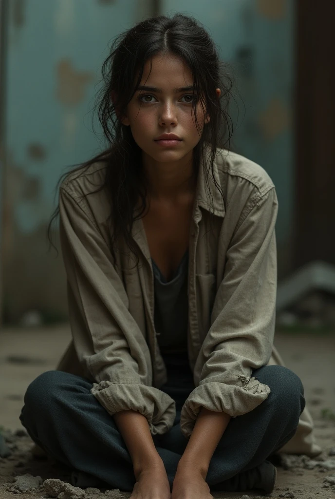 A portrait of a 20 y/o beautiful female beggar with tattered clothes ...