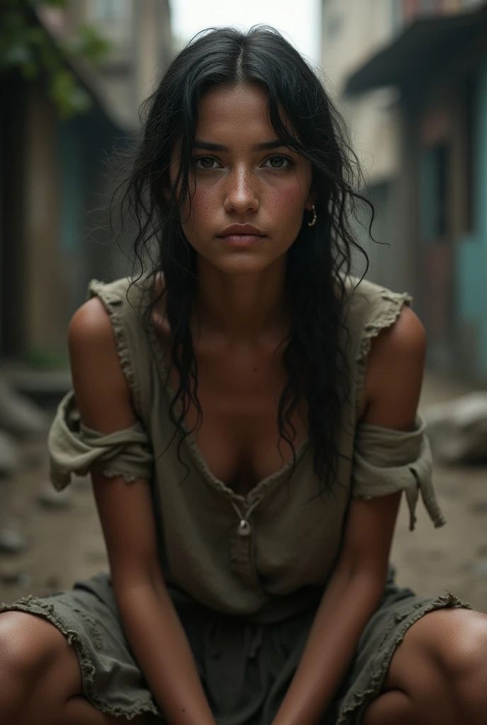 A portrait of a beautiful 20 year old female beggar with torn clothes ...