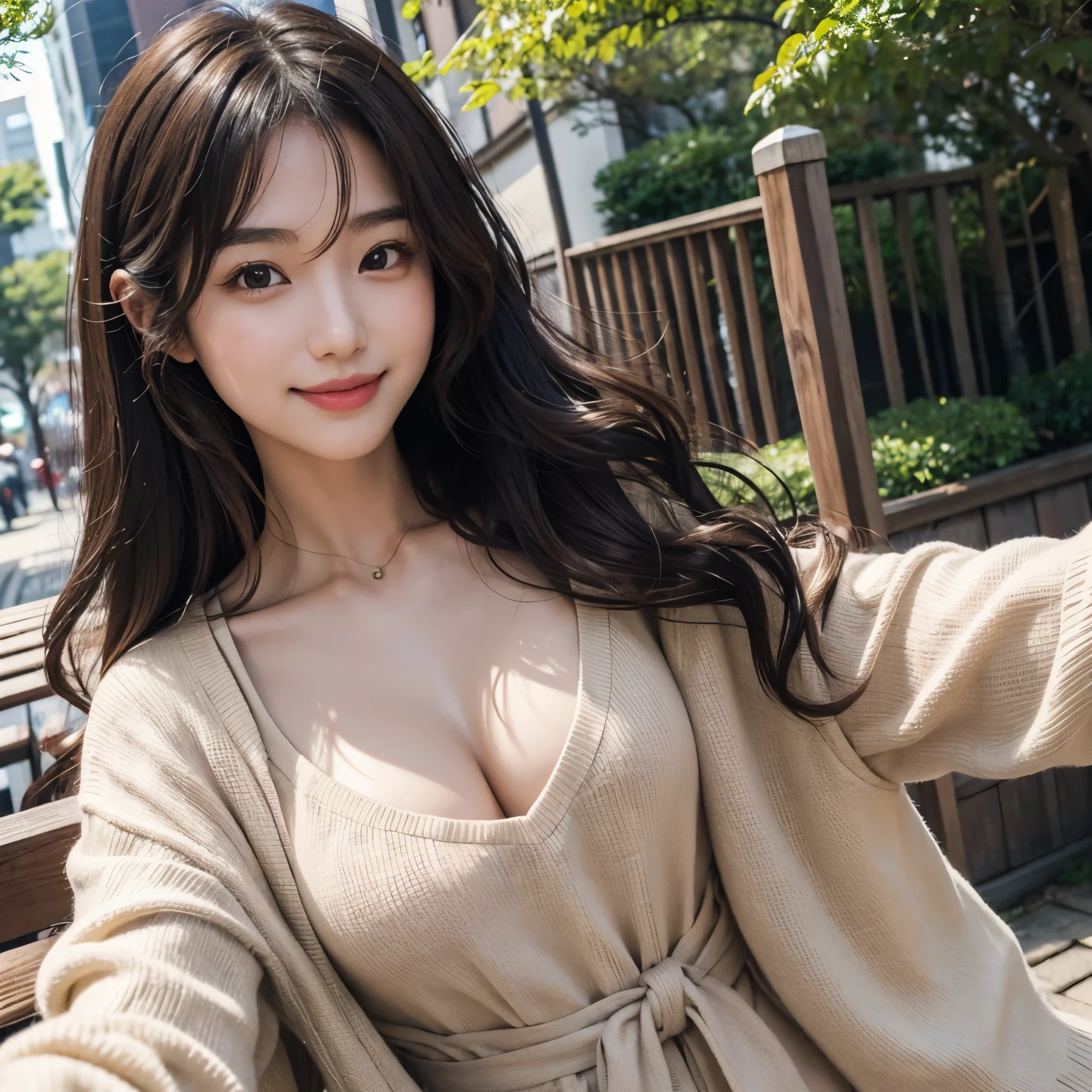 1 beautiful Japanese woman with wavy hair、Age 30、 brown hair wearing long sleeve - SeaArt AI