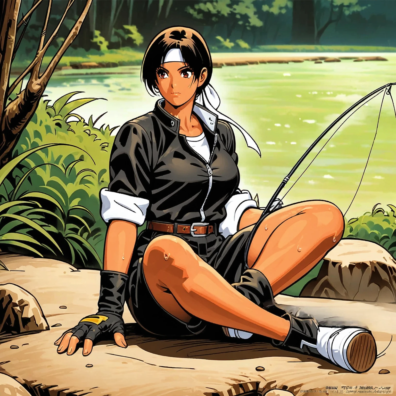 anime girl sitting on the ground with a fishing pole, King of Fighters ...