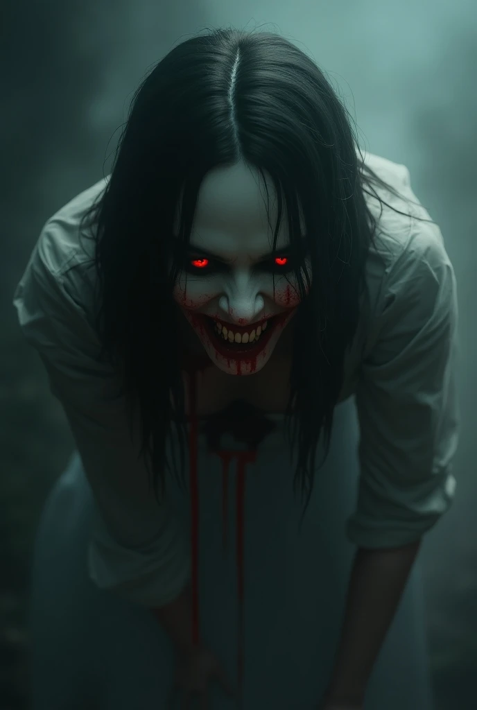 Animation of a bloody female ghost staring at it from above - SeaArt AI