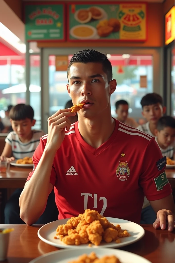 Ronaldo eating fried chicken at a chicken shop background consisting ...