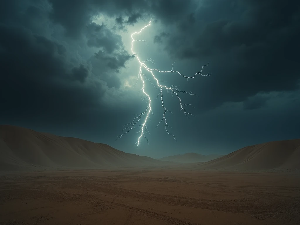 A dark, ominous valley under a stormy sky, lightning piercing through ...