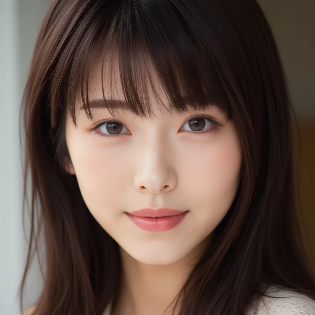 Close up, an east-asian woman with bangs, thin lips, smiling - SeaArt AI