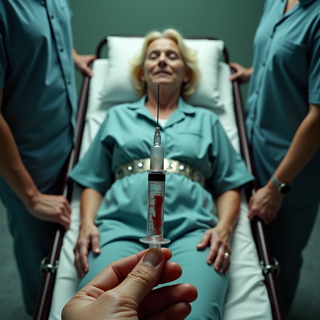 A 65-year-old white woman lying on a hospital stretcher, strapped down ...