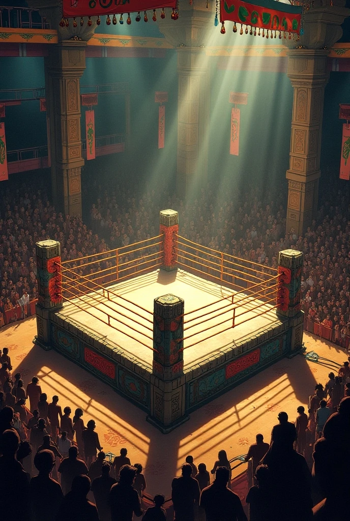 Comic book style image of a wrestling arena designed with an Aztec ...