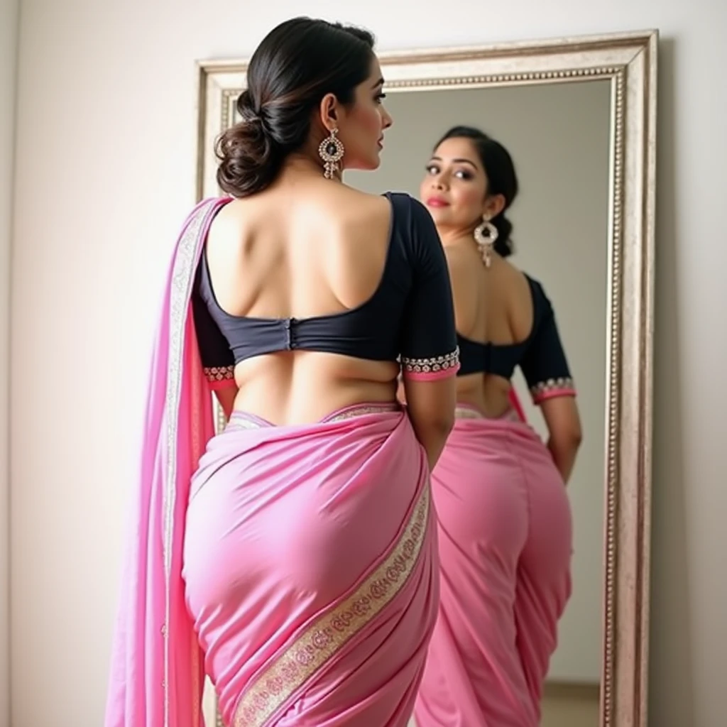 There is a woman in a pink sari looking at her reflection in a mirror - SeaArt AI