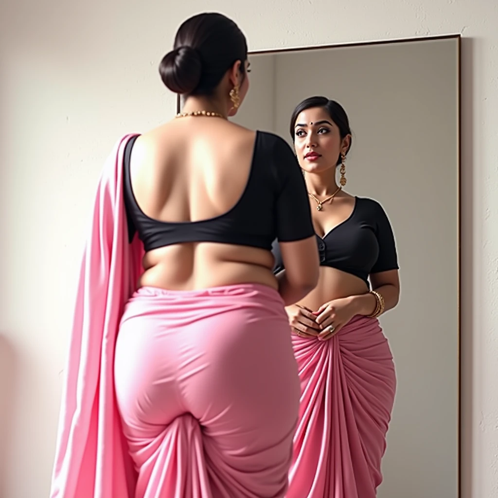 There is a woman in a pink sari looking at her reflection in a mirror - SeaArt AI