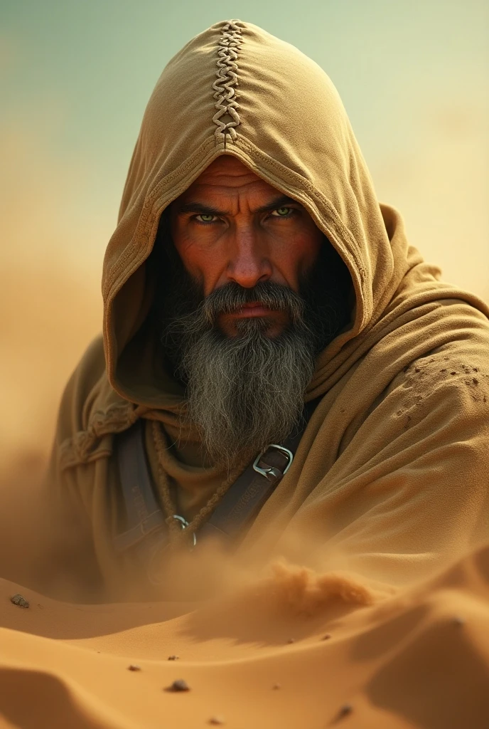 Bearded mountain man hooded cloak walk in the desert sand storm - SeaArt AI