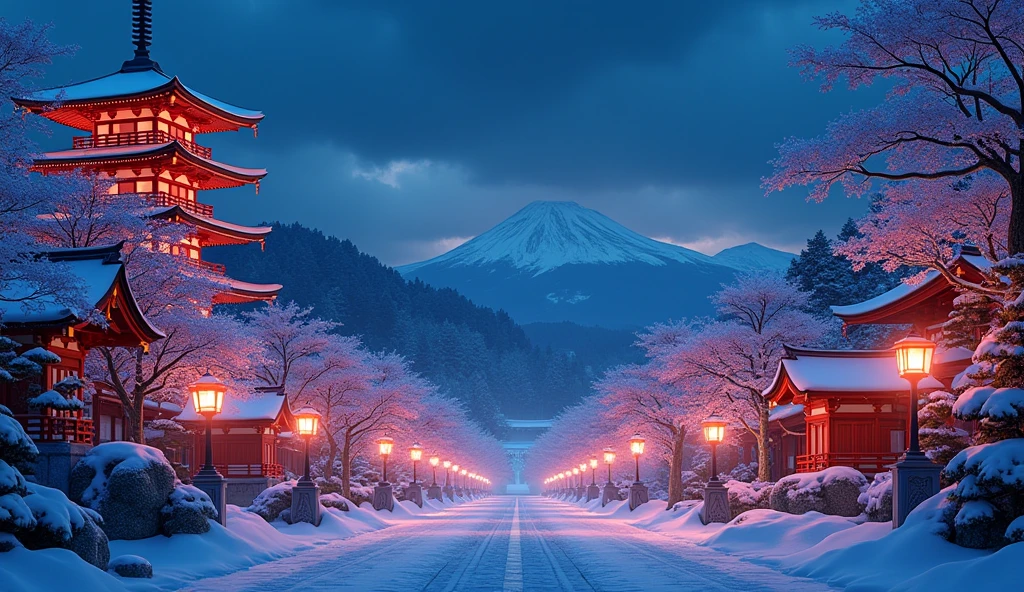 A beautiful Japanese night city landscape, winter,snow, intricate ...