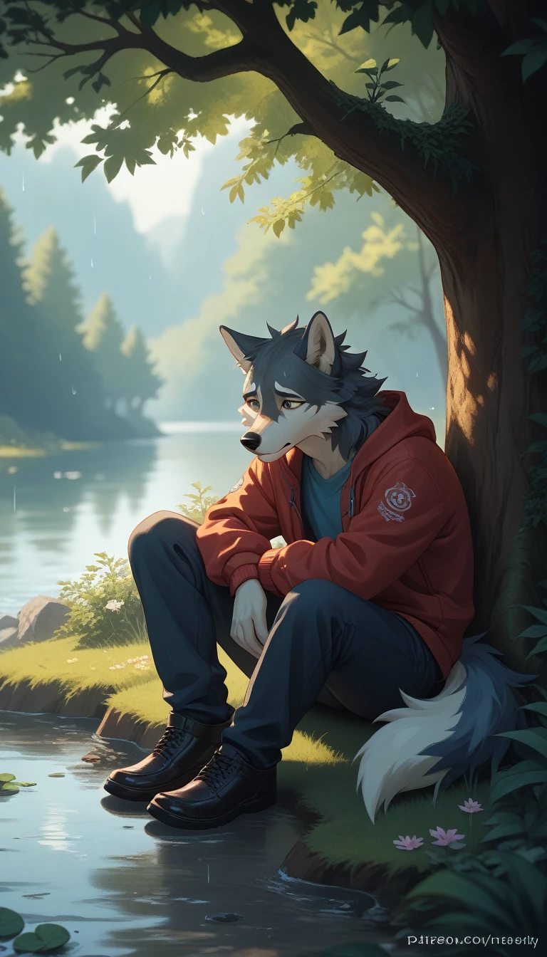 ((anime)), anthro, wolf, , cry, sad, sitting on ground, river - SeaArt AI
