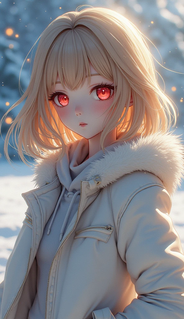 Anime 2d art . Beautiful woman ,big red eyes, golden hair bob haircut ...