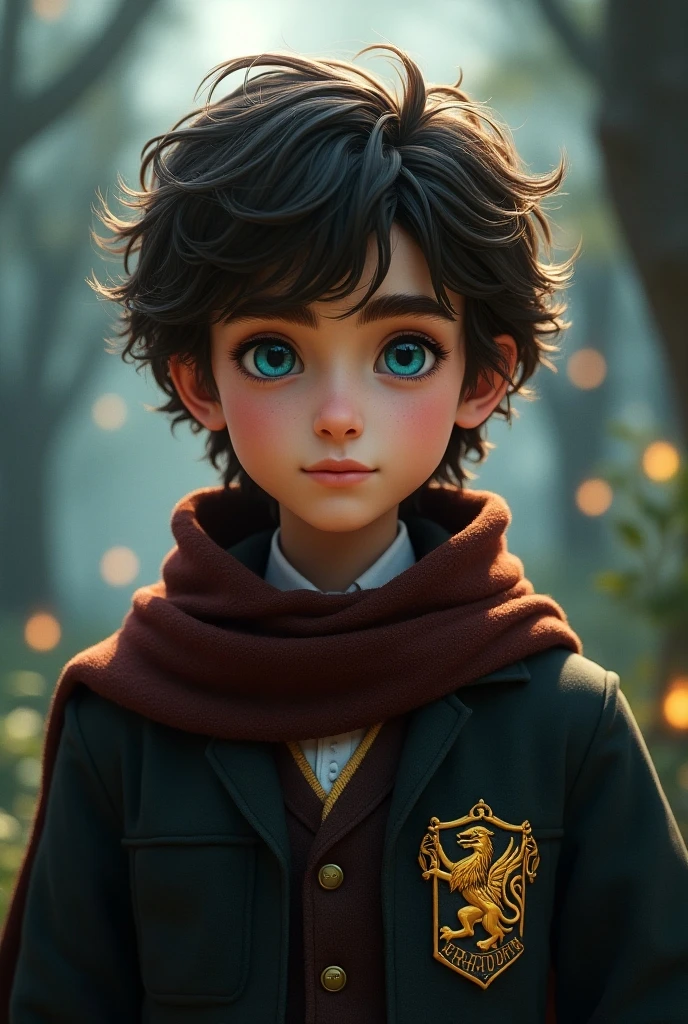 Young boy, wavy hair, dark brown hair, tanned skin, seawater blue eyes ...