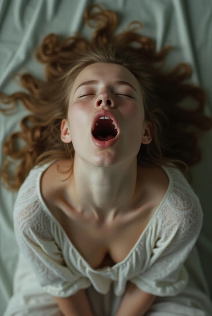 Photorealistic, female younger woman, Swedish, eyes closed, mouth very wide open - SeaArt AI