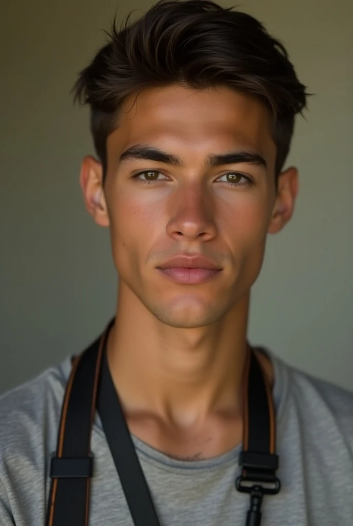 Create a human being 18-year-old Brazilian male, with an angular and ...