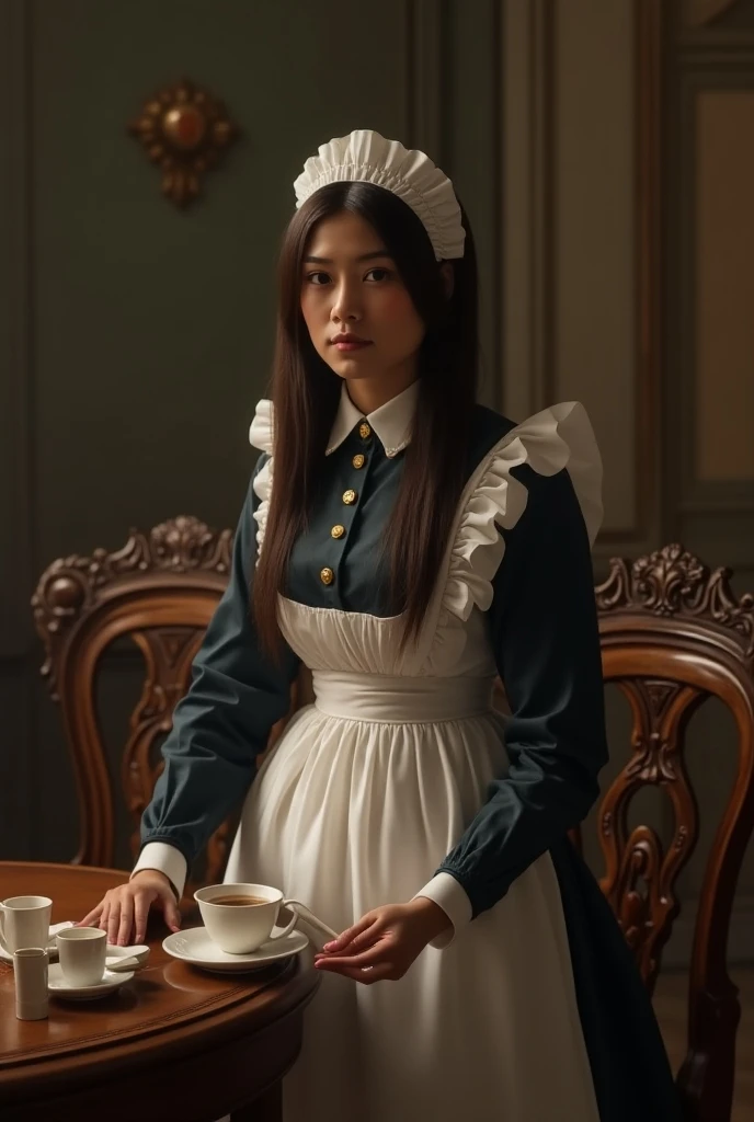1-woman , Victorian-style maid , simple maid costume , long skirt ...