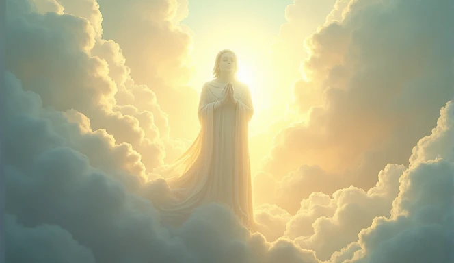 A soft illustration of a soul rising towards the light, with soft and ...