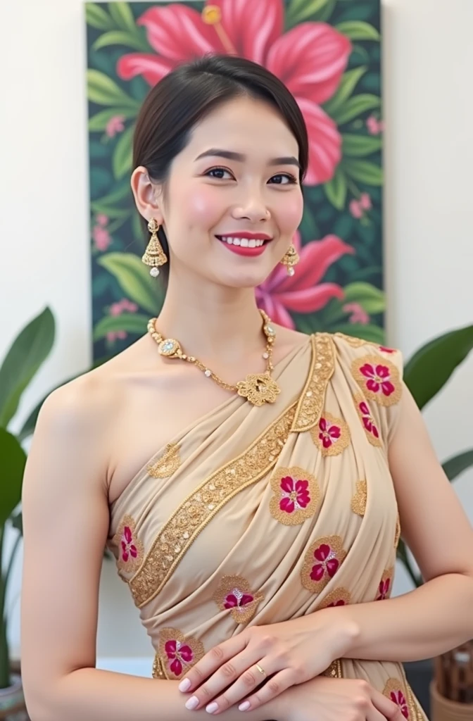 Oil Painting of a 30 Year Old Thai Woman Wearing a beautiful smiling red Chakri - SeaArt AI