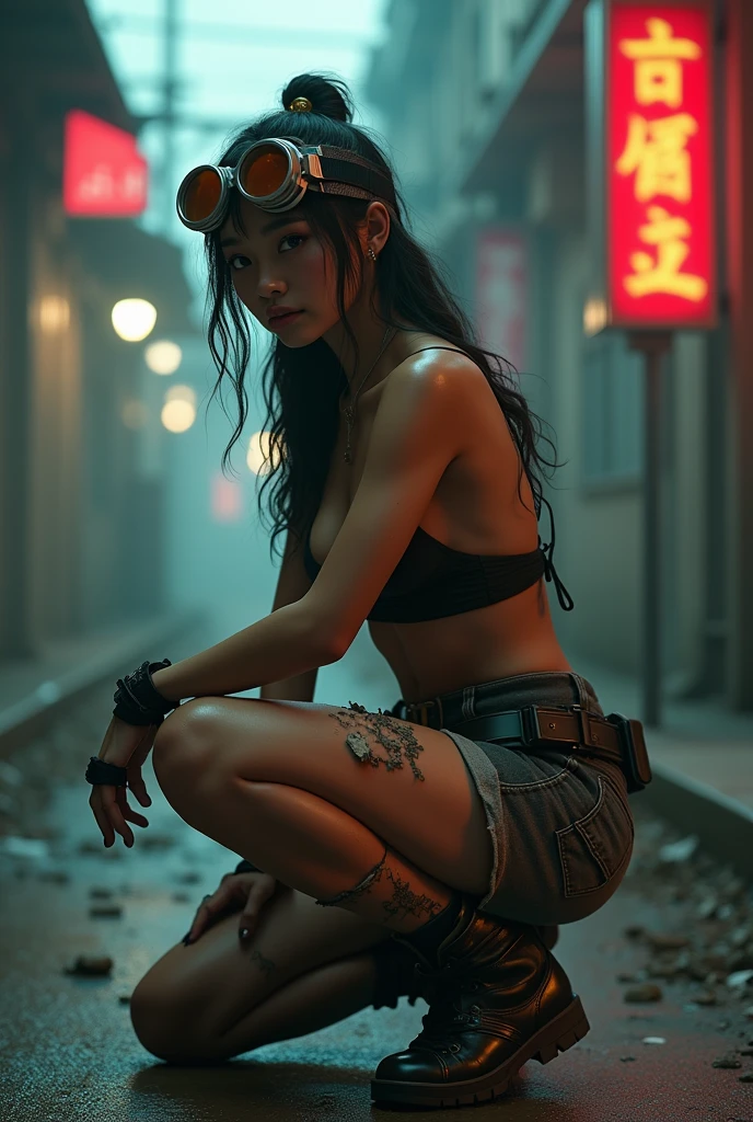 Ultra-realistic concept art. Medium shot. Beautiful Asian woman in retro goggles - SeaArt AI