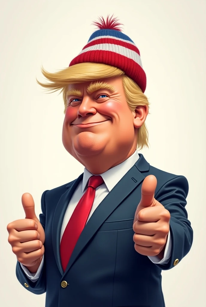 Funny cartoon of trump with american beanie with his thump up - SeaArt AI