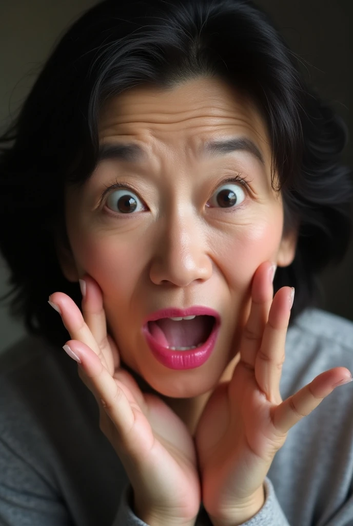 Close-up photo of a fat dark-haired Asian woman in her 60s。 Pink Lip ...