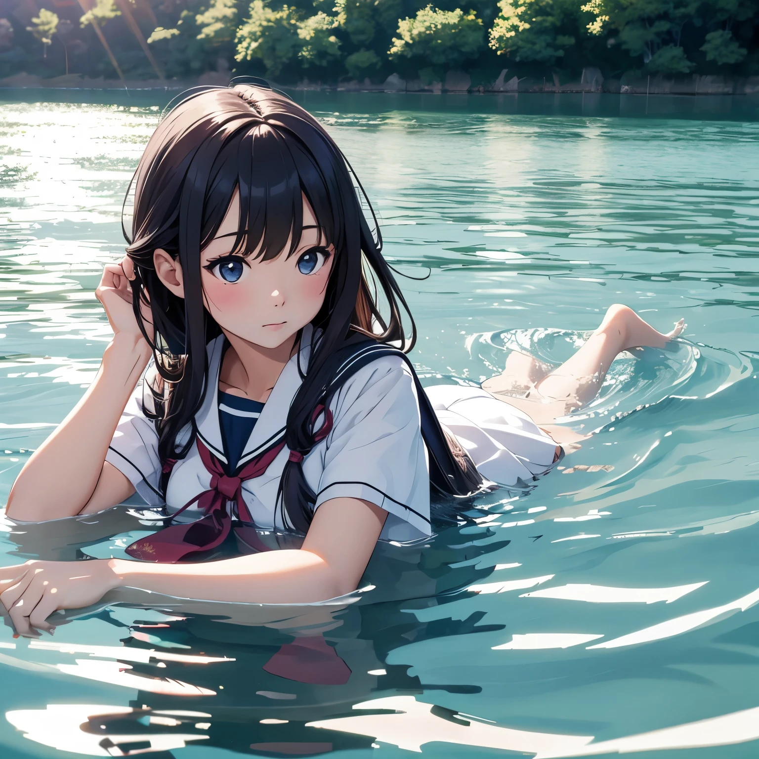 Japanese high school girl floating in lake - SeaArt AI