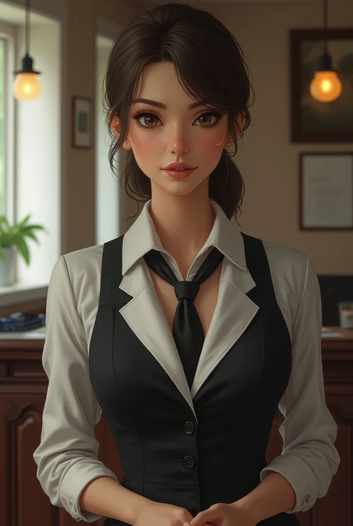 A Receptionist woman with brown hair tied neatly, a tear mole under her ...