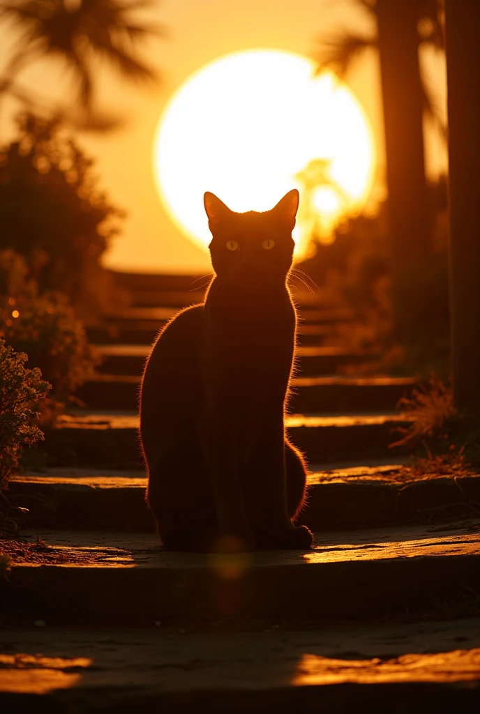 Shadow of a cat sitting on a stone staircase, big sun, sunset - SeaArt AI