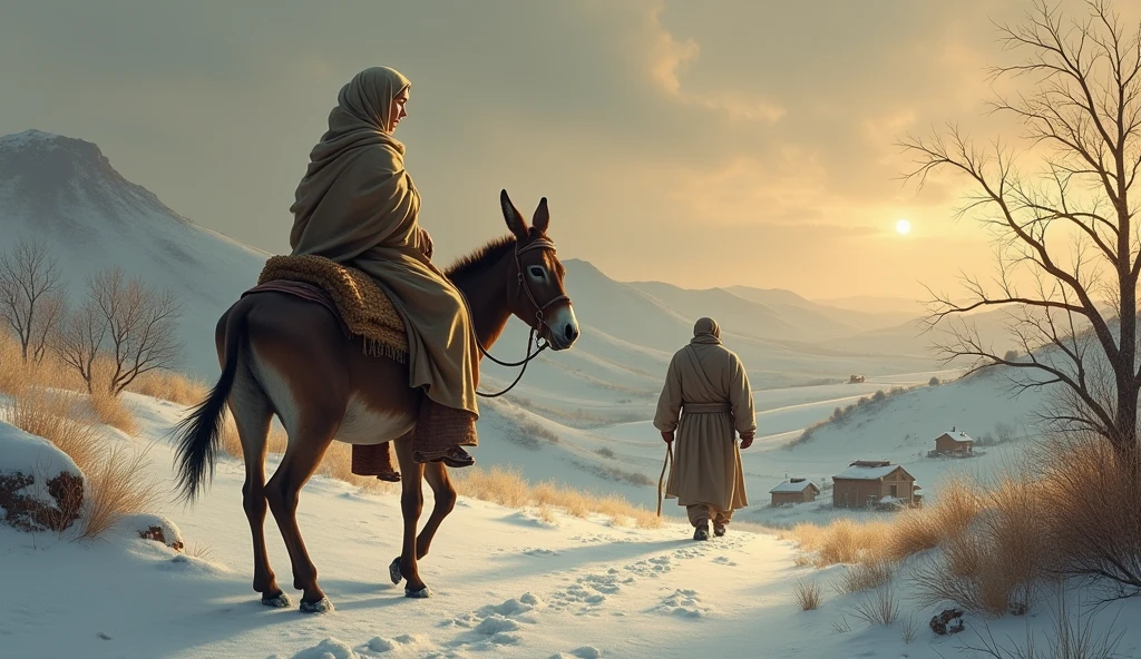 Mary alone on donkeys shoulder, Joseph walking beside, searching for ...