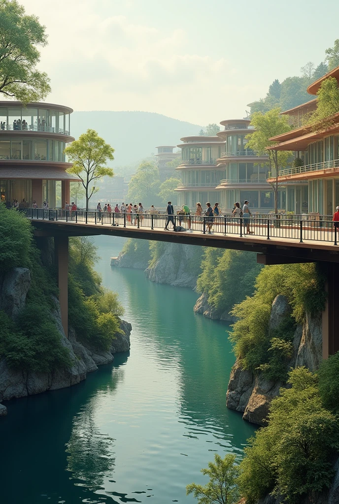 An image of an elevated promenade between low-rise buildings and style ...