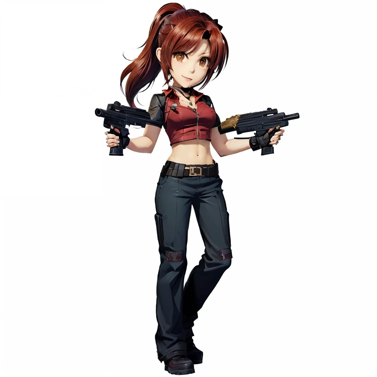 A woman with a gun and a red shirt, revy black lagoon, maple story gun girl - SeaArt AI