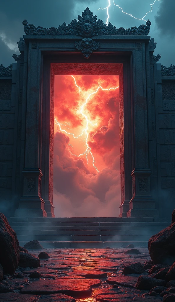 Thunder inside the square window of a temple without people in shades ...