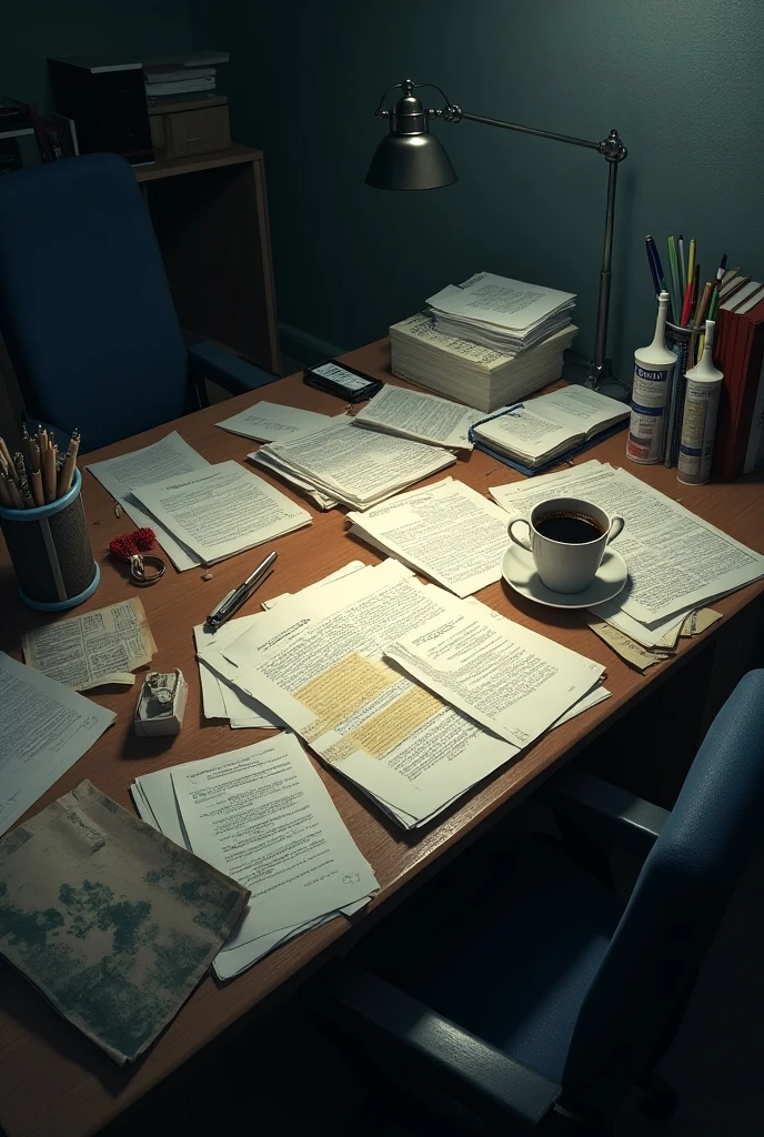 The desk is full of documents, the paper is full, there is a cup of ...