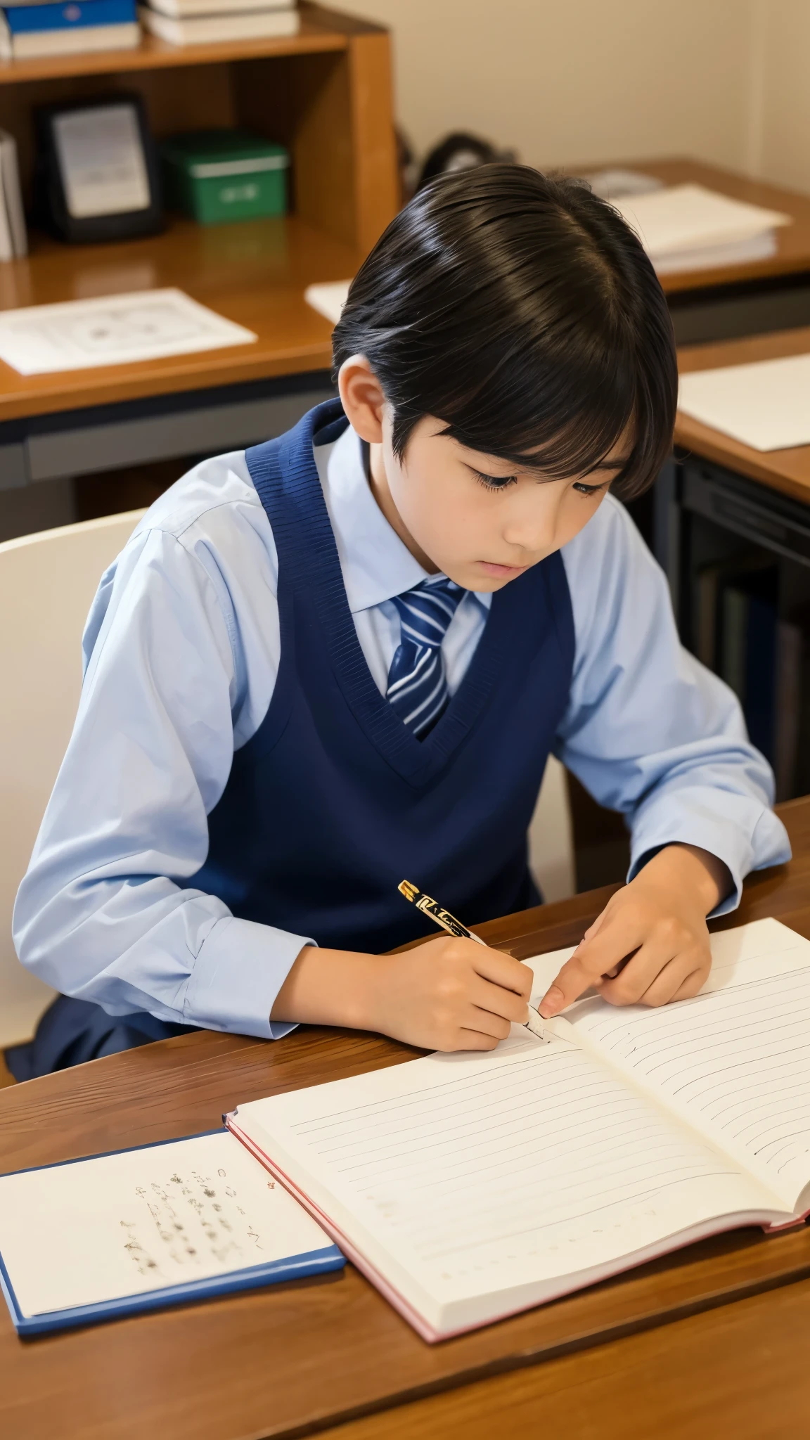 A Japanese elementary school student diligently doing his homework at ...
